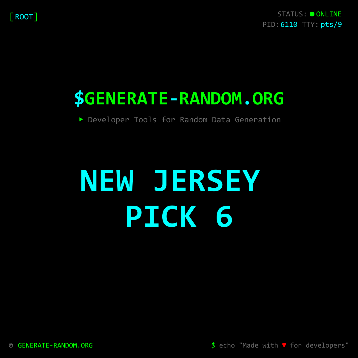 Random New Jersey Pick 6 Generator | Generate NJ Pick 6 Numbers ...